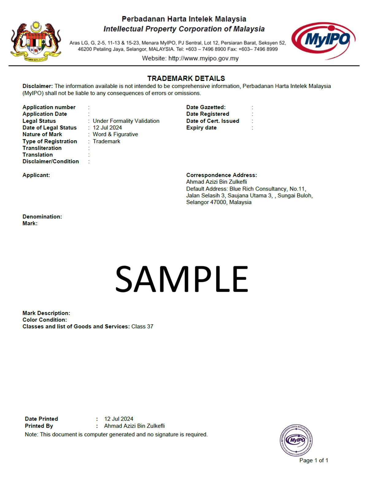 SAMPLE OF TRADEMARK DOCUMENTS - TRADEMARK REGISTRATION MALAYSIA